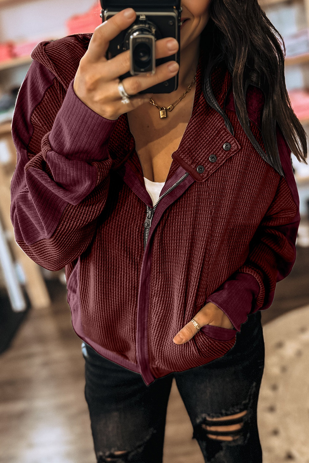 $ 19.28 - Burgundy Waffle Splicing Zip Up Front Button Hooded Jacket ...