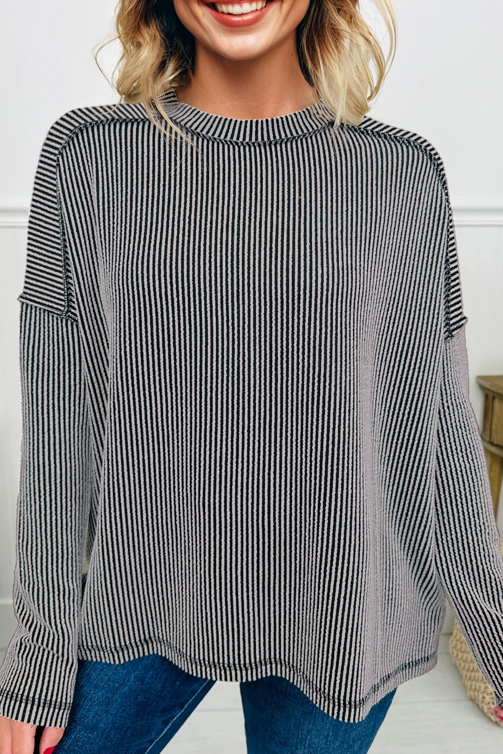 $ 9.98 - Black Twist Ribbed Exposed Seam Detail Long Sleeve Loose Top ...