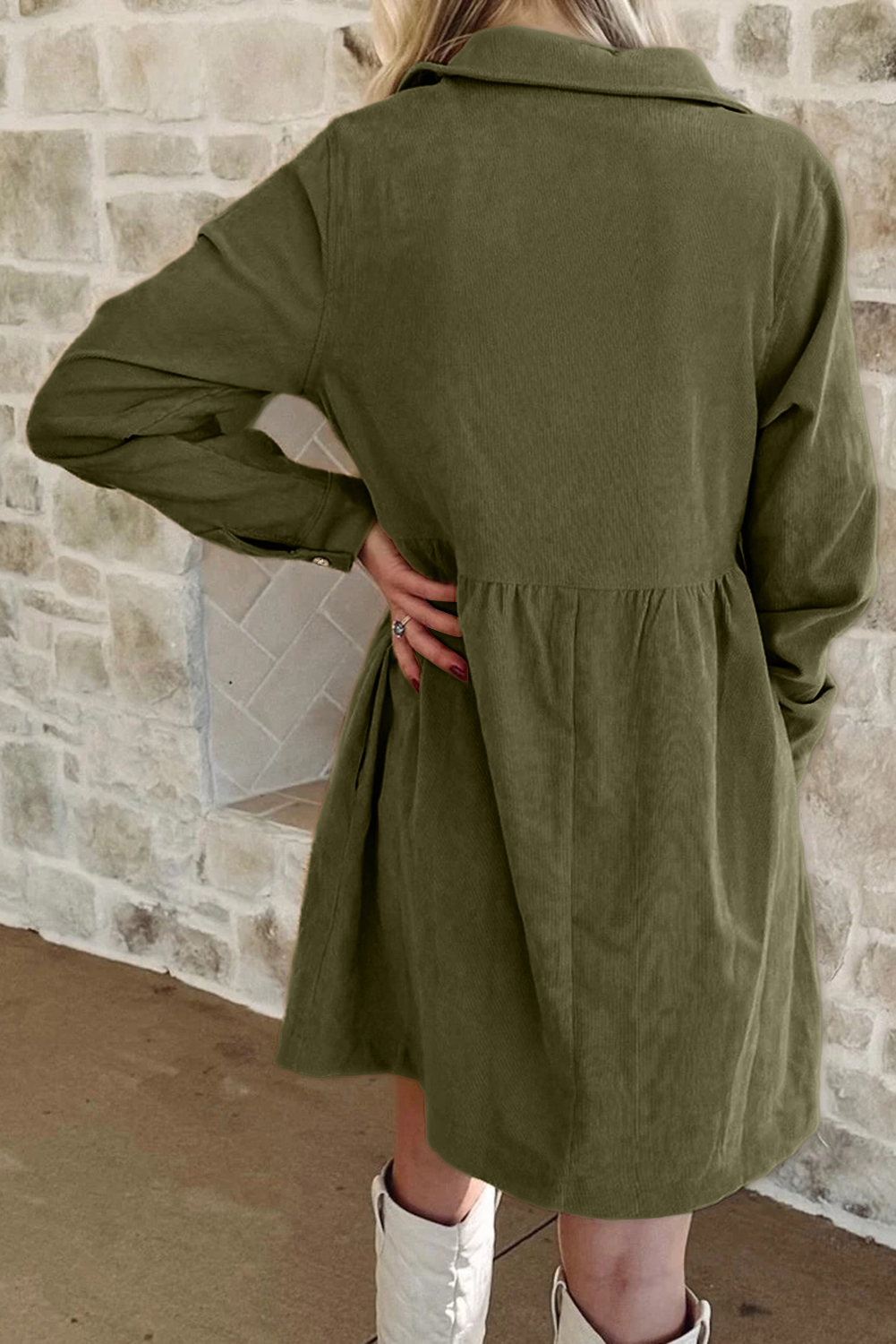 $ 14.93 - Vineyard Green Corduroy Half Button Collared Long Sleeve Mini Dress - ds.dear-lover.com