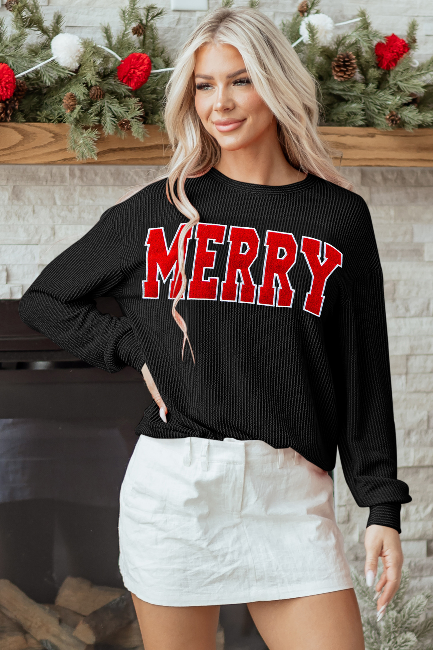 $ 11.14 - Black Twisted Rib Outlined Merry Letter Graphic Loose Long ...