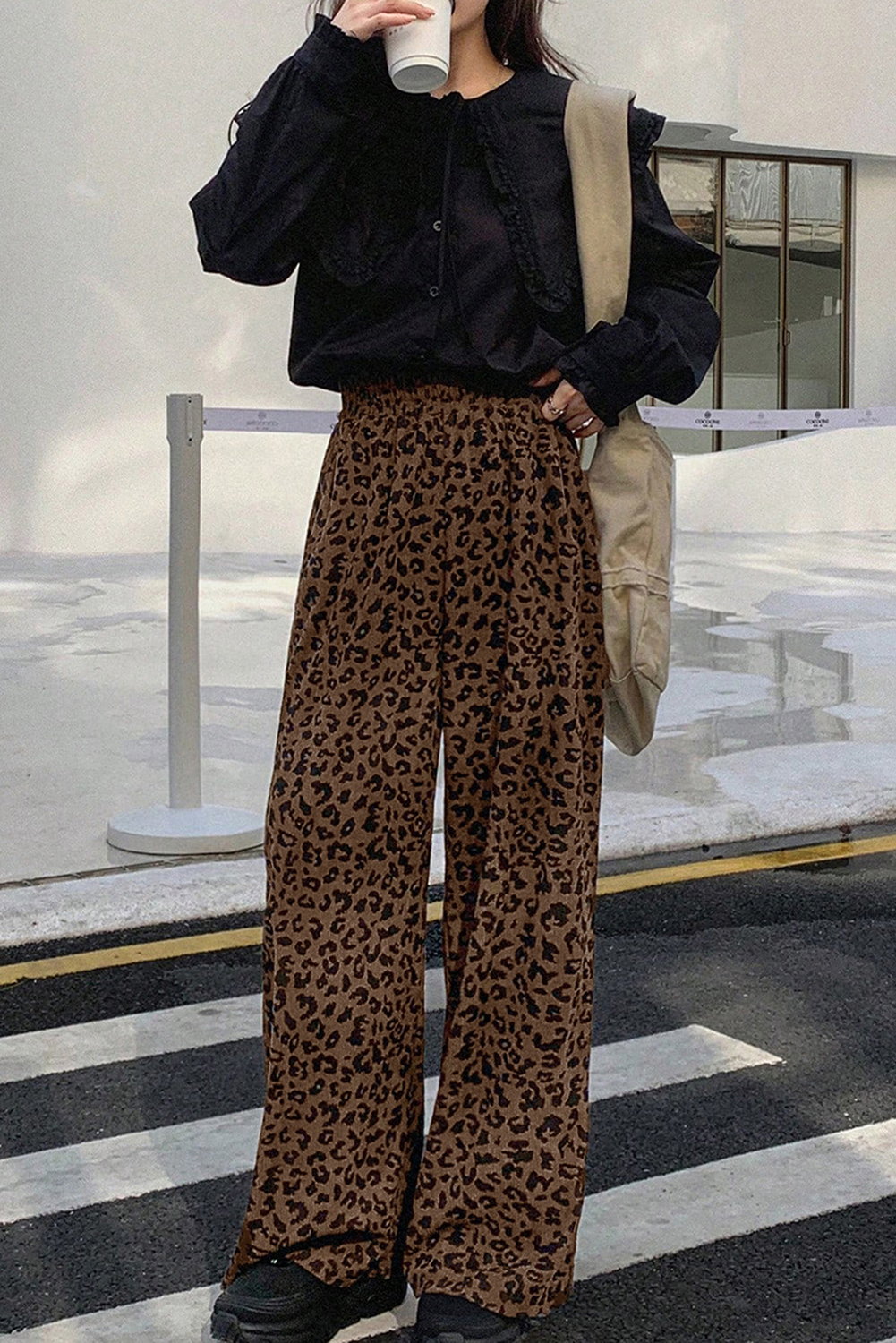 $ 12.29 - Dark Brown Leopard Print Elastic High Waist Loose Corduroy ...