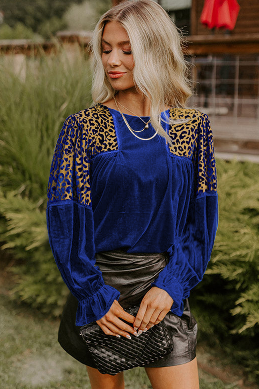 $ 13.7 - Sky Blue Leopard Patchwork Shoulder Flounce Sleeve Velvet ...