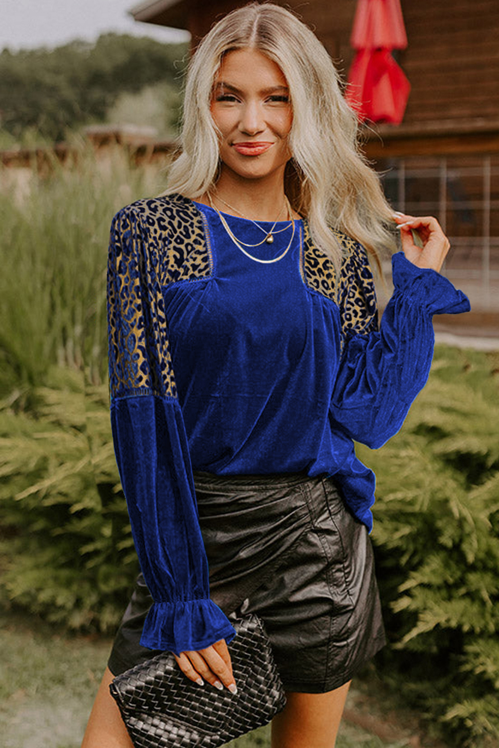 $ 13.7 - Sky Blue Leopard Patchwork Shoulder Flounce Sleeve Velvet ...