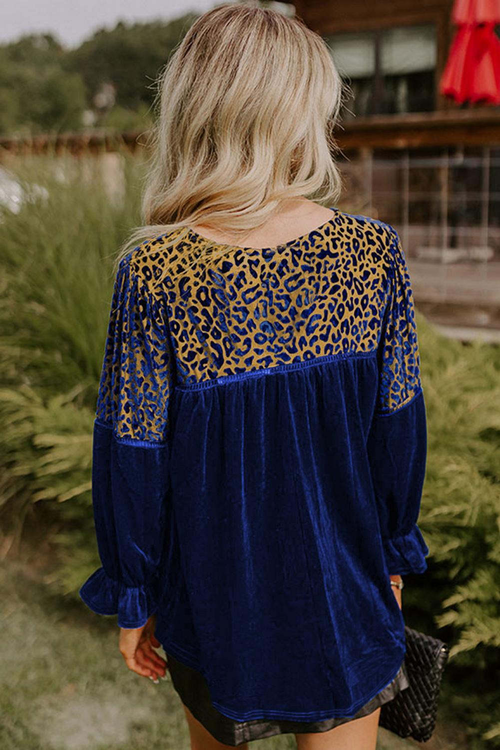 $ 13.7 - Sky Blue Leopard Patchwork Shoulder Flounce Sleeve Velvet ...