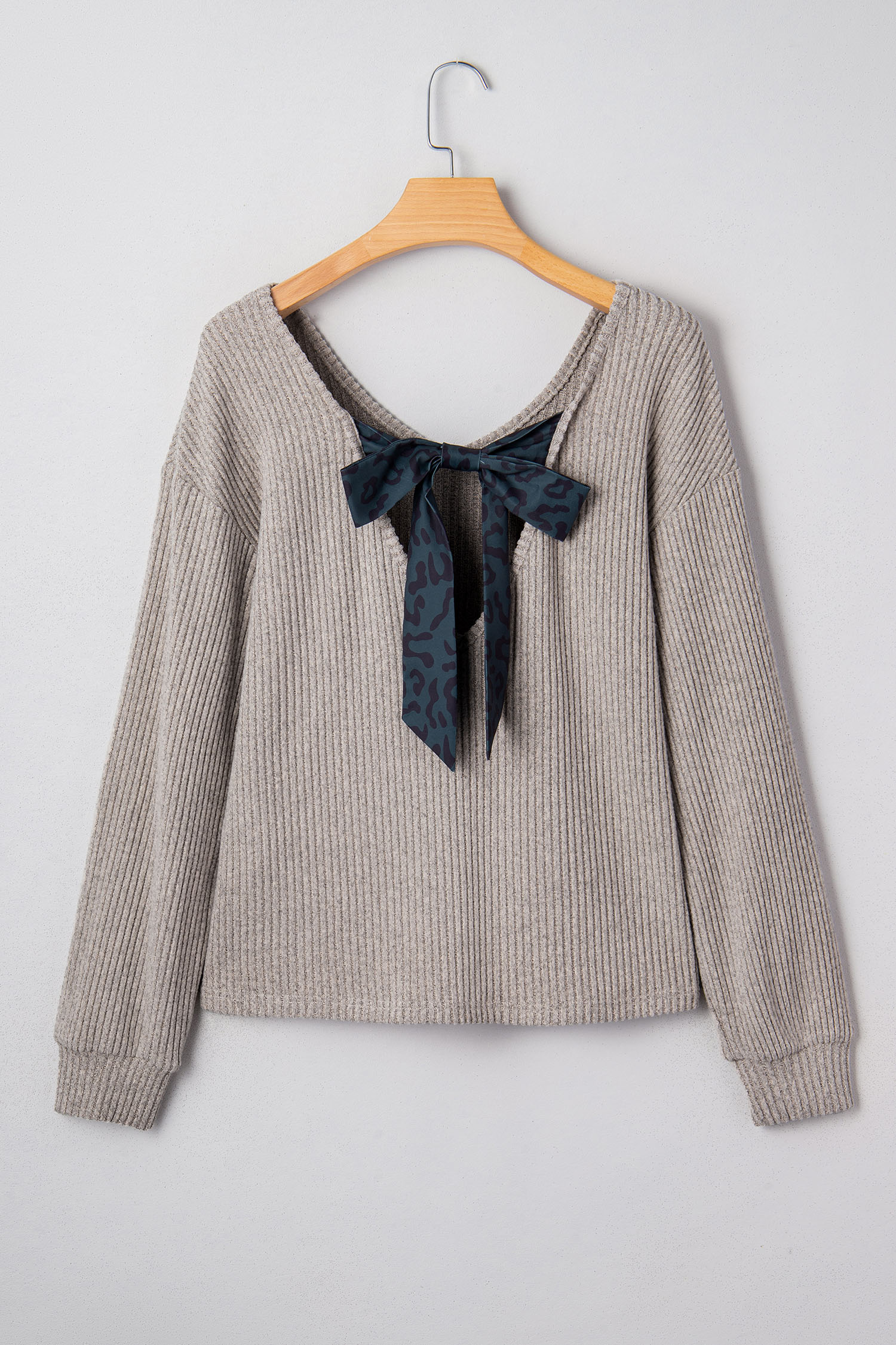 $ 8.66 - Simply Taupe Ribbed V Neck Contrast Ribbon Bow Back Drop ...