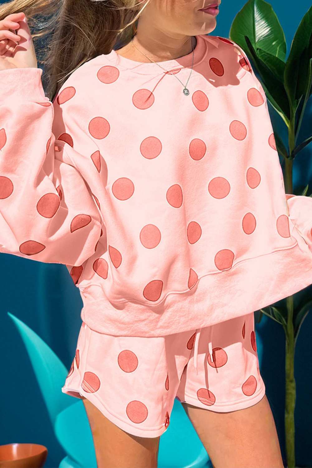 $ 15.84 - Pink Polka Dot Print Drop Shoulder Pullover Drawstring Shorts ...