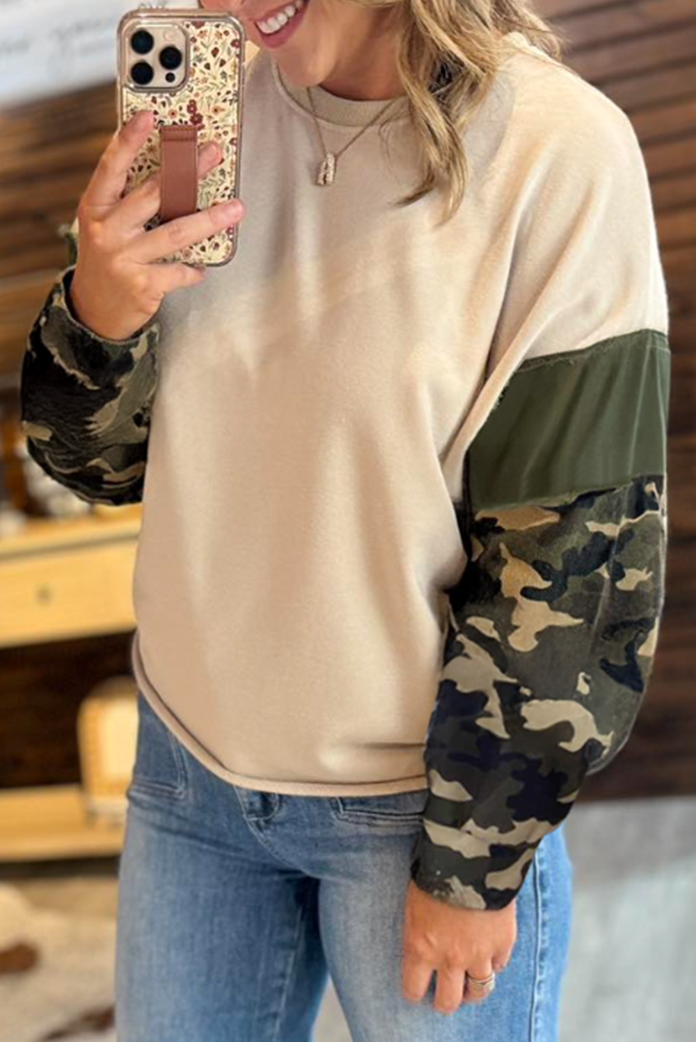$ 10.48 - Apricot Camo Print Patchwork Sleeve Raw Hem Plus Size ...