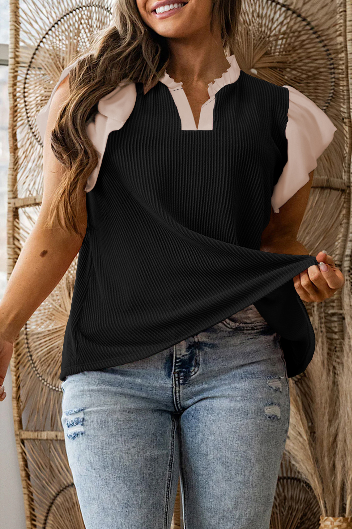 $ 9.41 - Black Plus Size Contrast Frilled Neckline Ruffled Short Sleeve ...