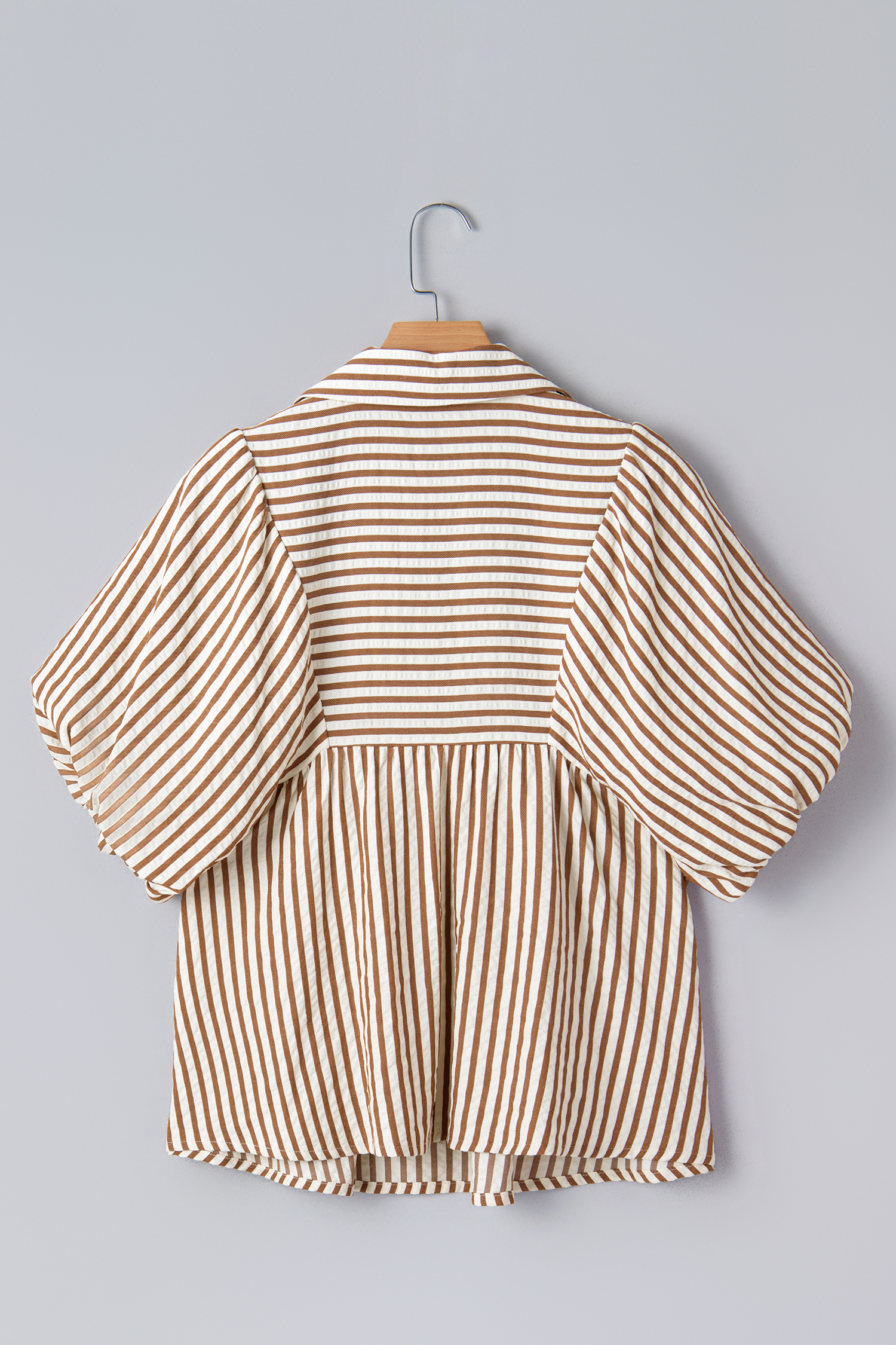 $ 13.7 - Brown Stripe Shirred V Neck Short Puff Sleeve Blouse - ds.dear ...