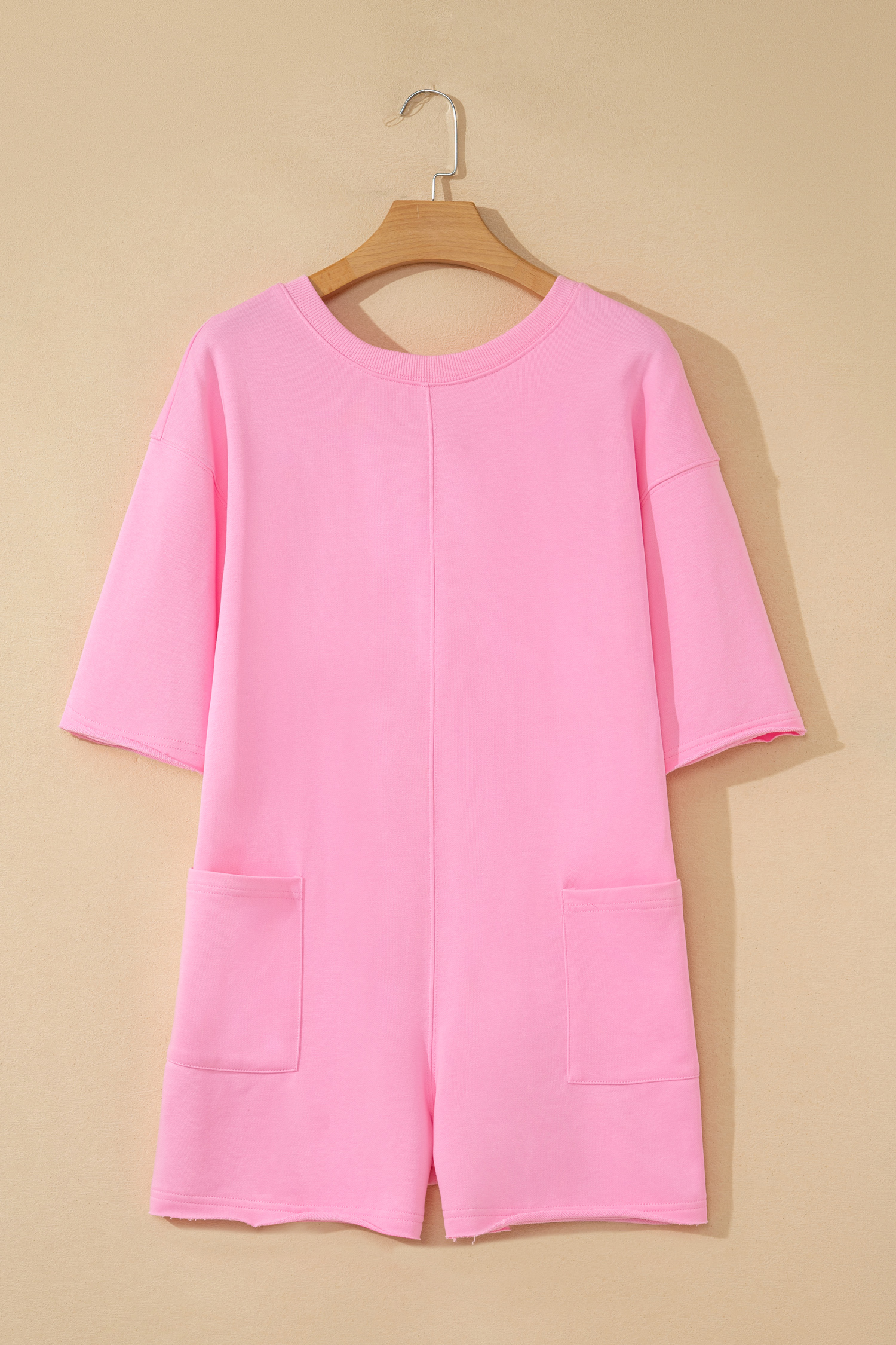 $ 13.53 - Pink Solid Color Raw Edge Half Sleeve Pocketed Loose Romper ...