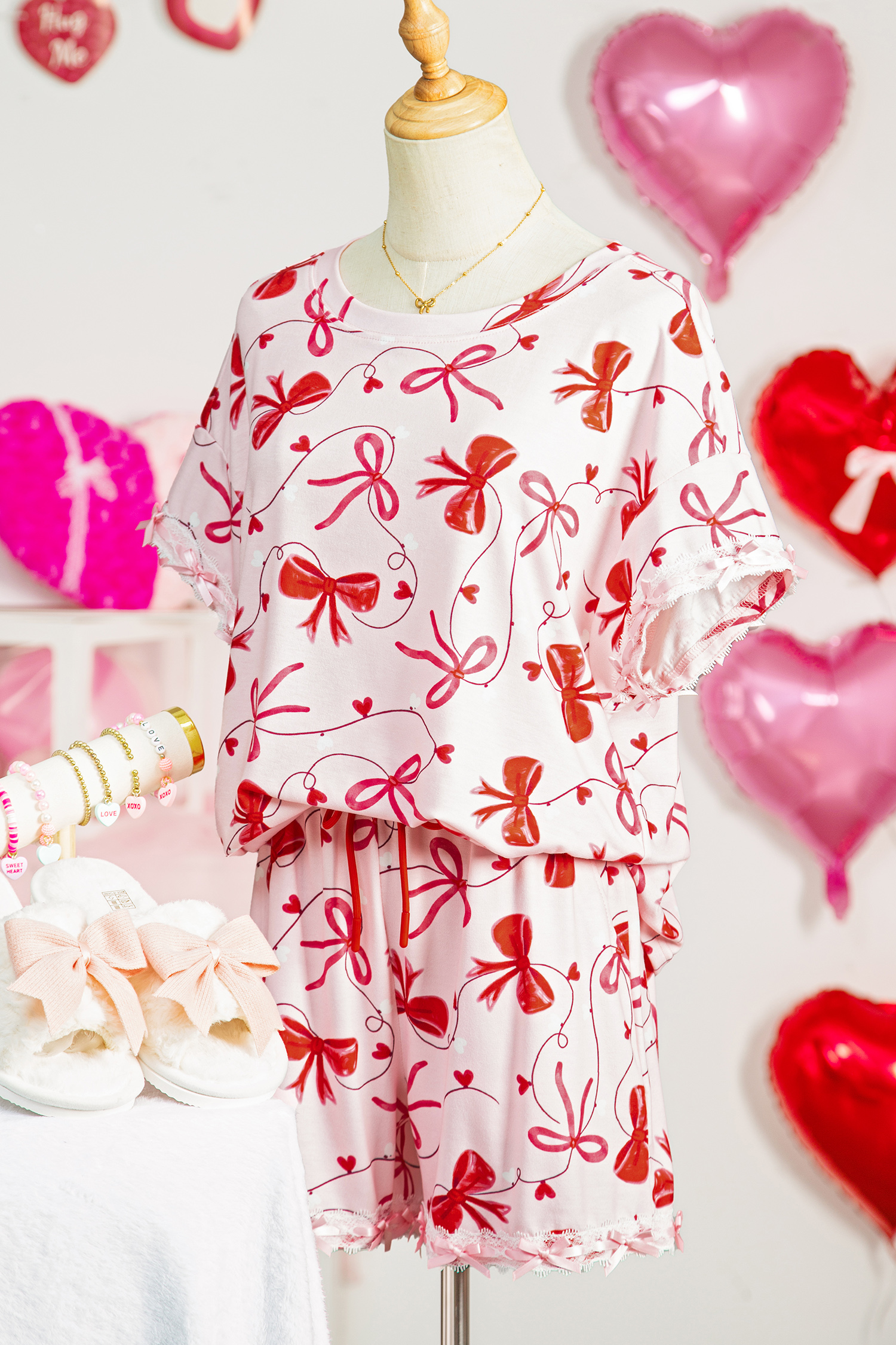 $ 17.9 - Red Romantic Bow Print Loose Tee Drawstring Shorts 2pcs Lounge ...