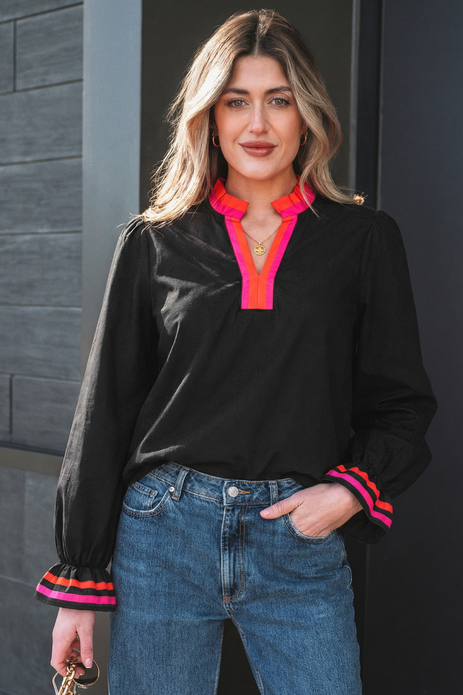 $ 10.89 - Black Striped Trim Ruffle Split Neck Long Sleeve Blouse - ds ...