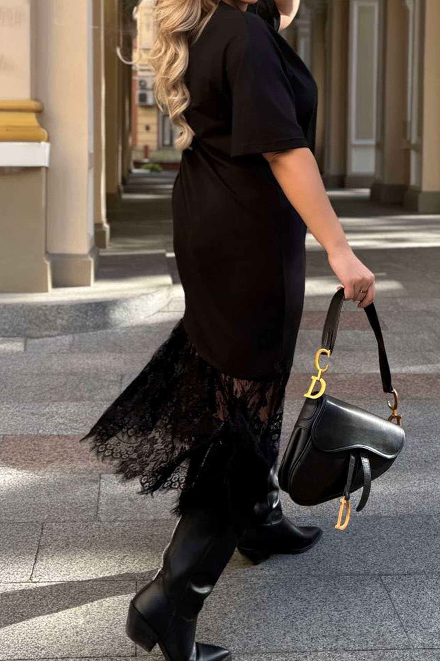 $ 19.12 - Black Plus Size Lace Hem Patchwork T Shirt Midi Dress - ds ...