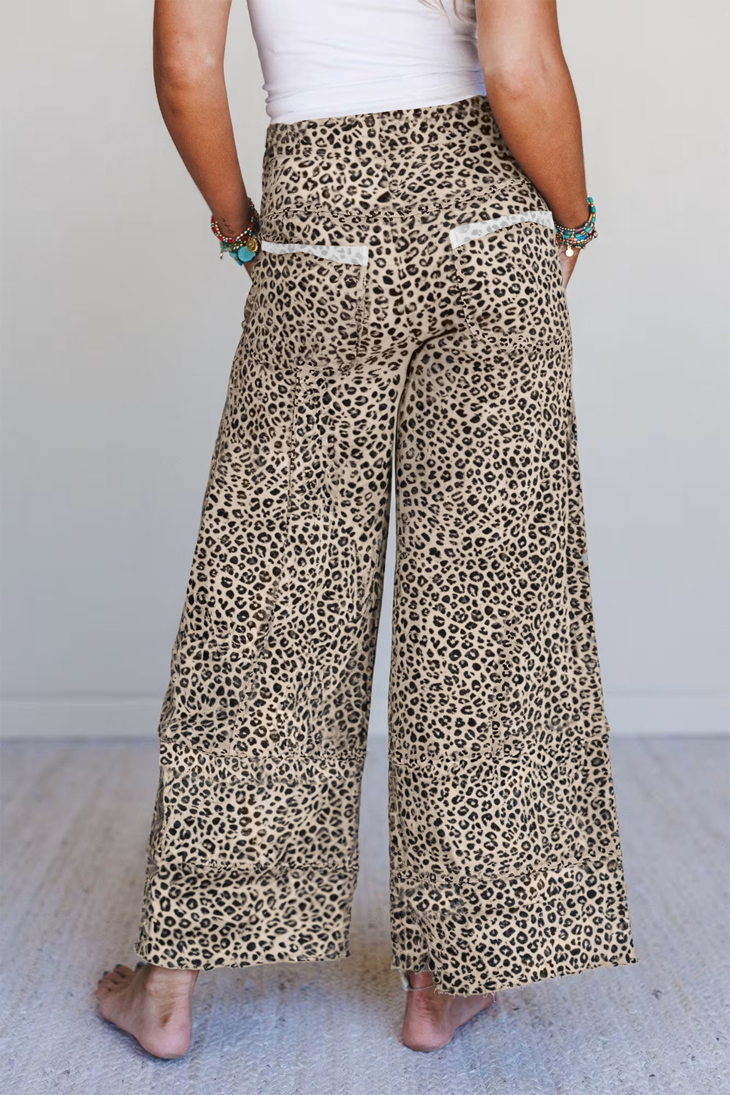 $ 16.36 - Khaki Animal Print Wide Leg Terry Knit Pants - ds.dear-lover.com