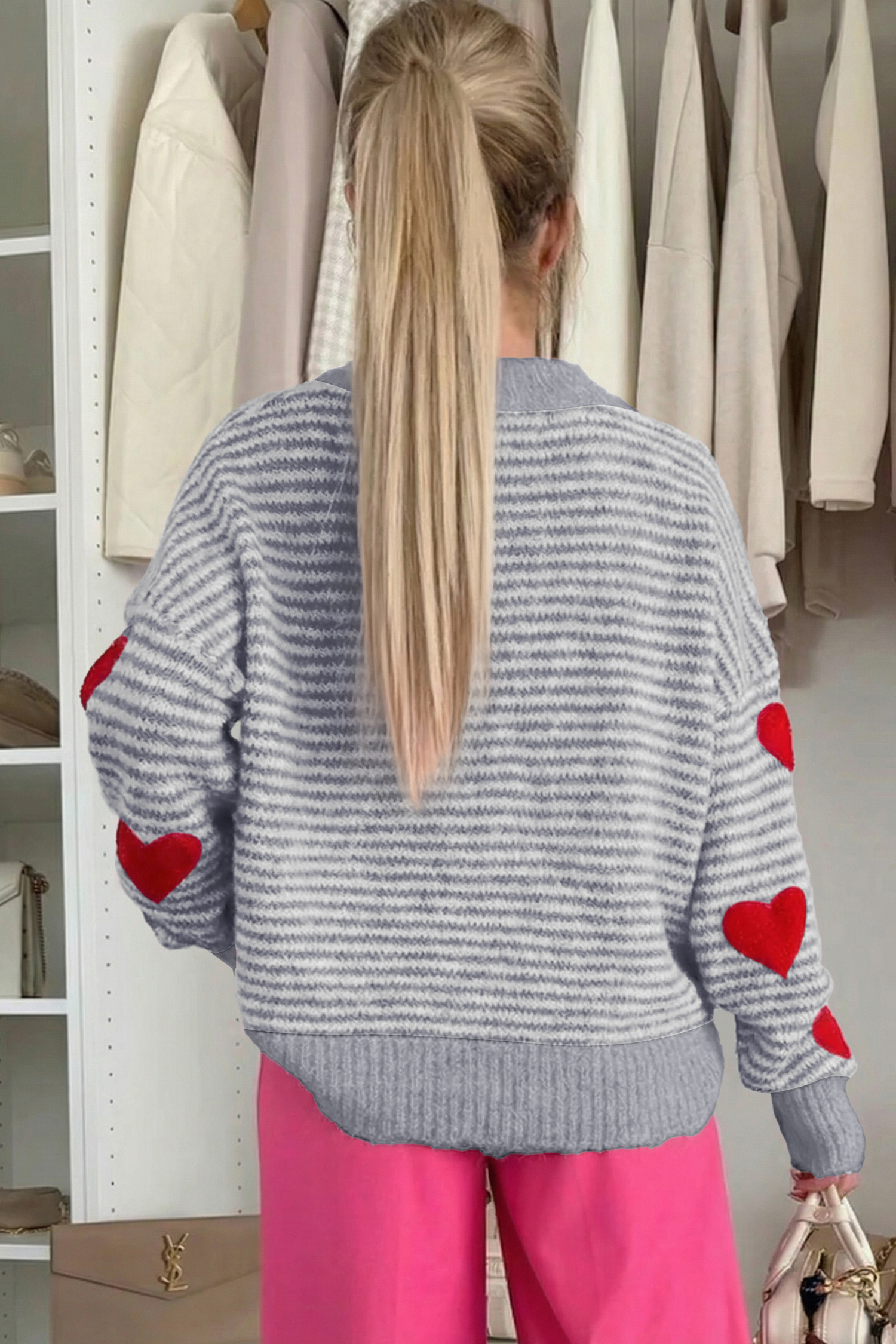 $ 19.12 - Gray Stripe Contrast Heart Pattern Valentine Knit Sweater ...