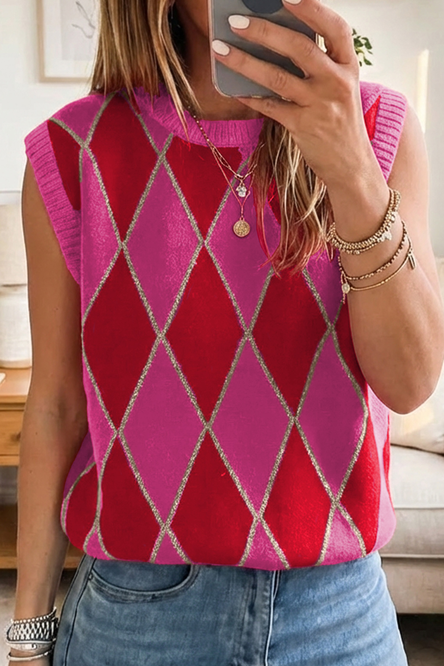 $ 13.04 - Rose Glitter Trim Rhombus Pattern Knit Sweater Vest - ds.dear ...