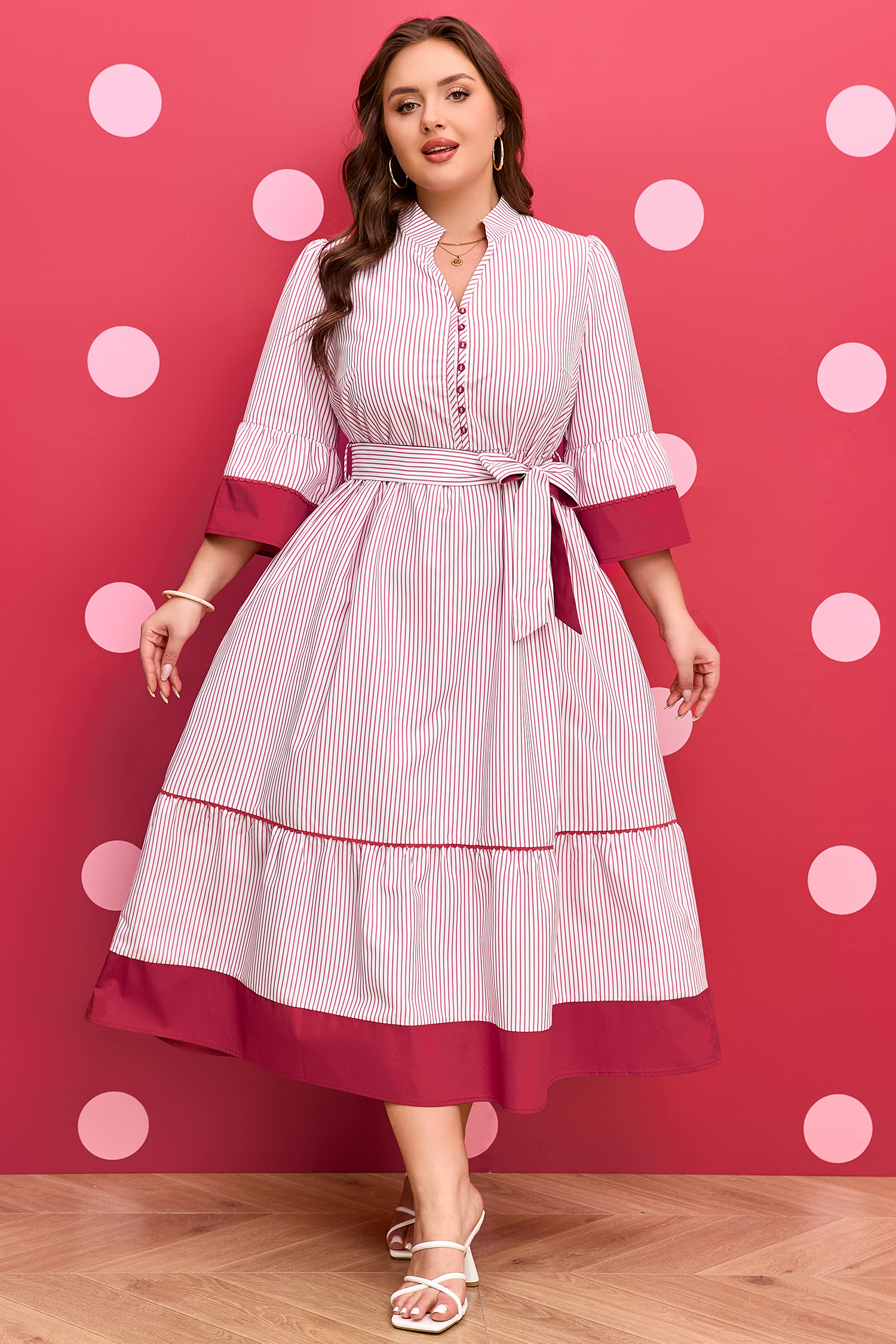 $ 22.03 - Red Stripe Plus Size Ruffled Hem Pinstriped Midi Dress - ds ...
