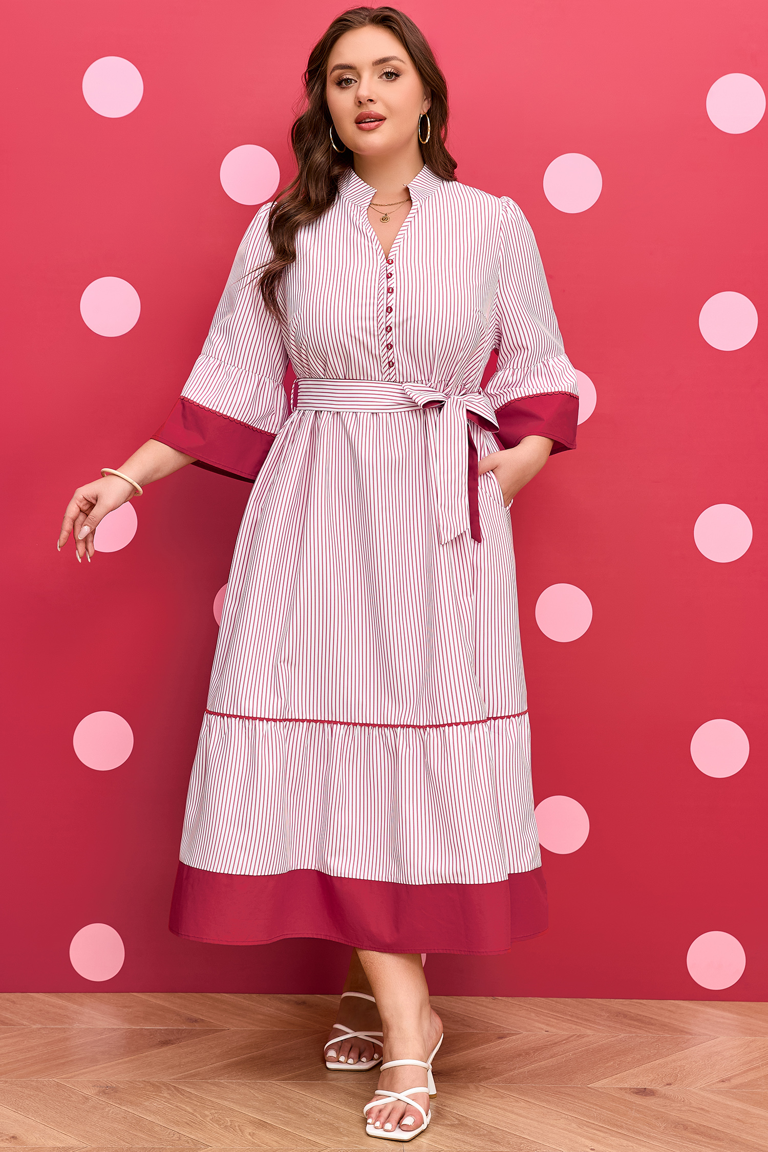 $ 22.03 - Red Stripe Plus Size Ruffled Hem Pinstriped Midi Dress - ds ...