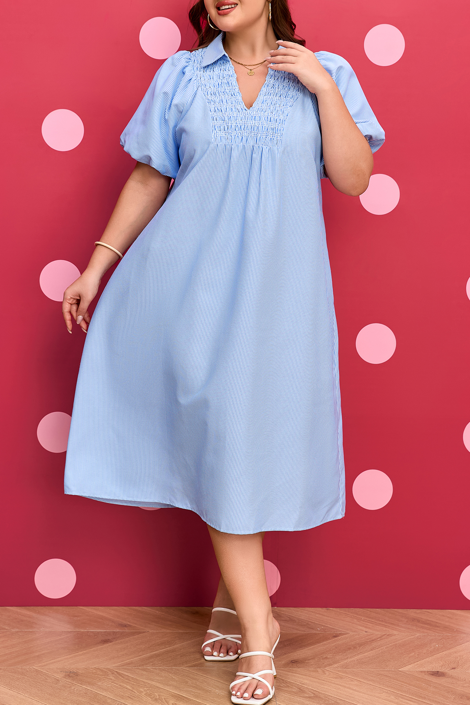$ 18.23 - Sky Blue Stripe Shirred Detail Collar V Neck Plus Size Midi ...