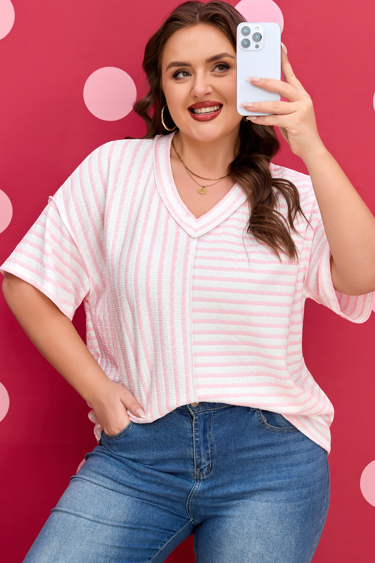 $ 9.9 - Pink Stripe Plus Size V Neck Exposed Seam Patchwork T Shirt ...