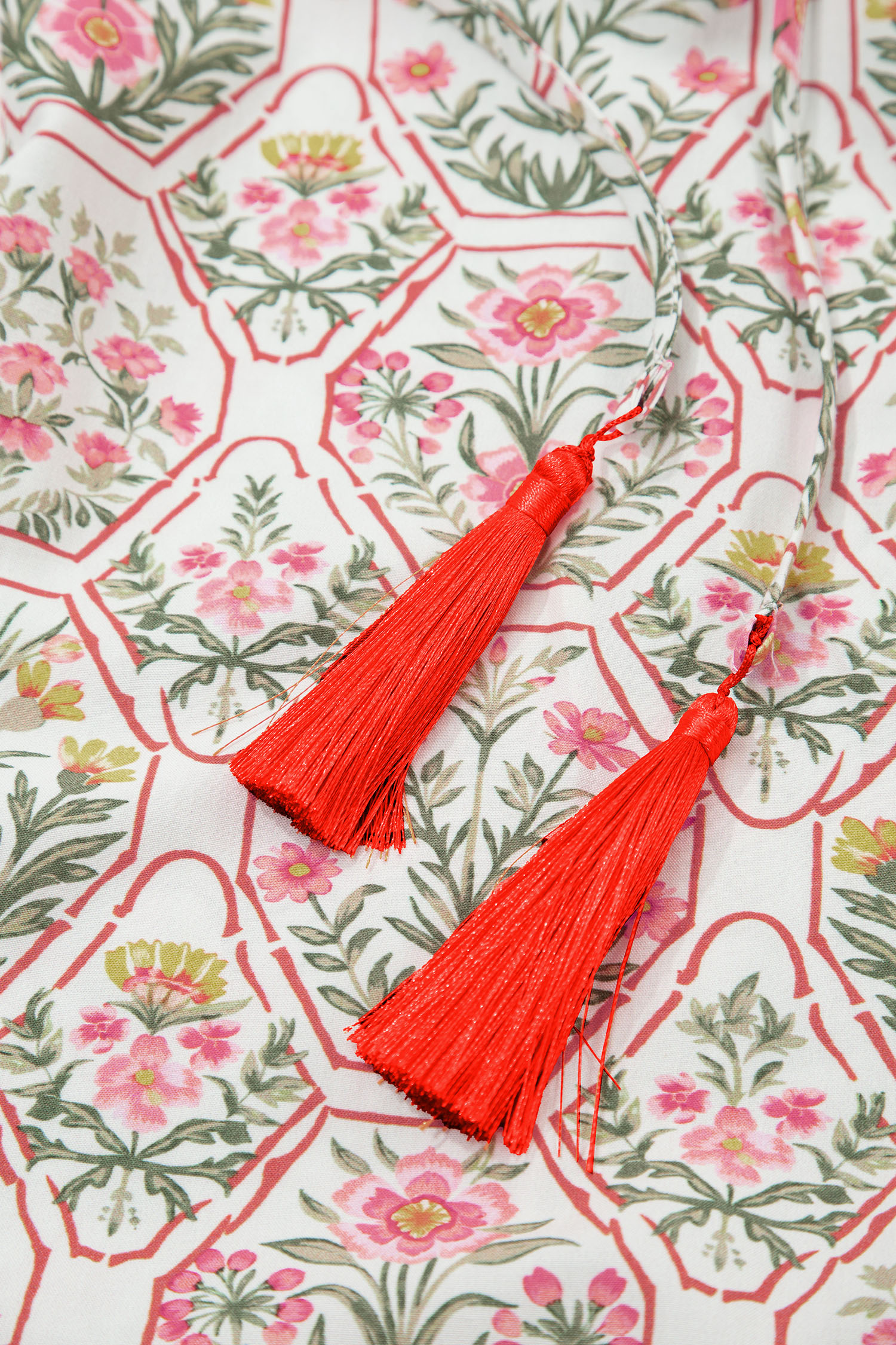 $ 19.28 - Pink Floral Print Tassel Tie V Neck Scalloped Detail Loose ...