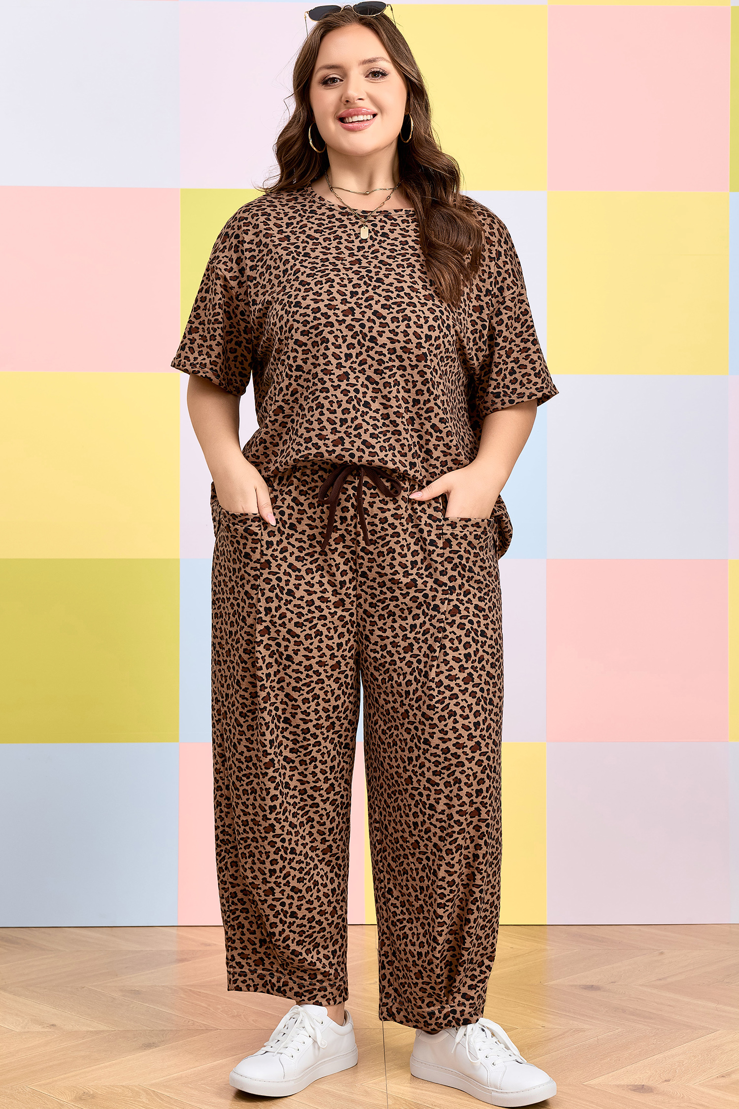 $ 19.04 - Brown Plus Size Leopard Loose Top Pleated Pants Set - ds.dear ...